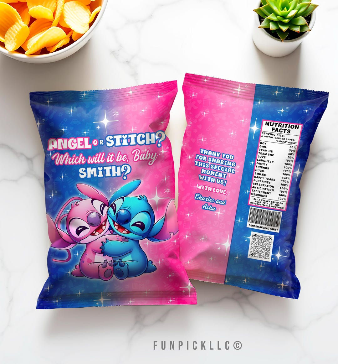 Stitch and Angel Chip Bag Wrap for DIY, Gender Reveal Chip Label ...