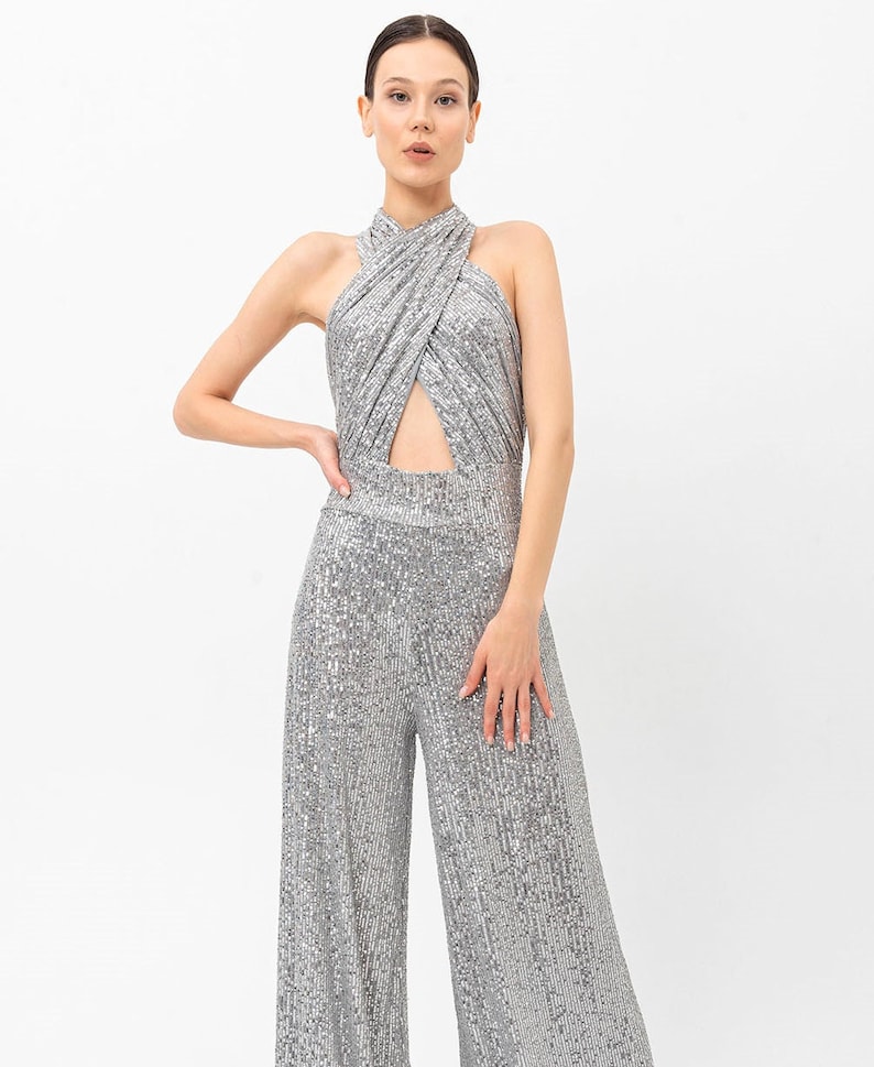 70s Clothing Women Silver Jumpsuit Sequin Jumpsuit Studio - Etsy