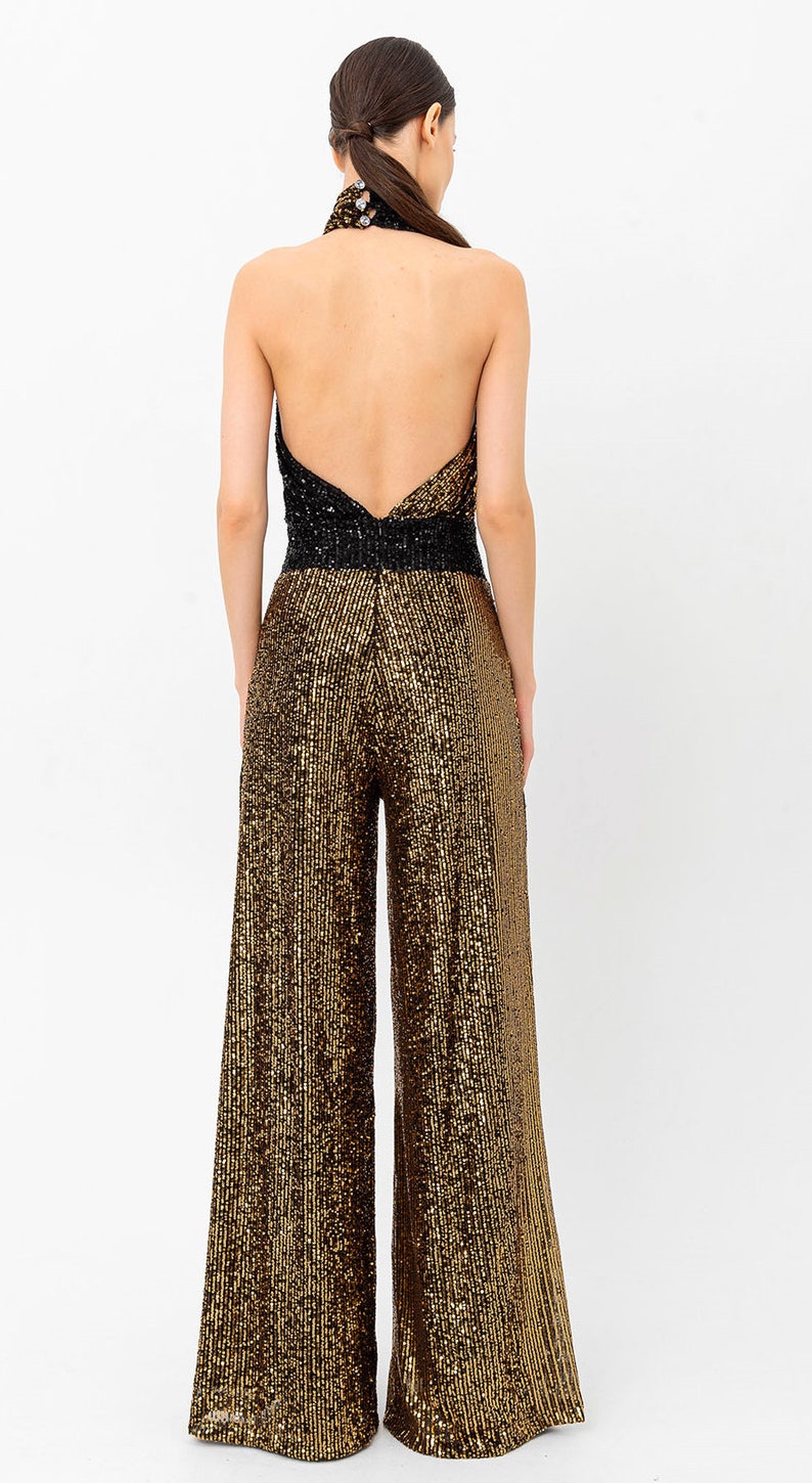 70s Clothing Women 70s Dress Jumpsuit Gold Sequin Jumpsuit - Etsy