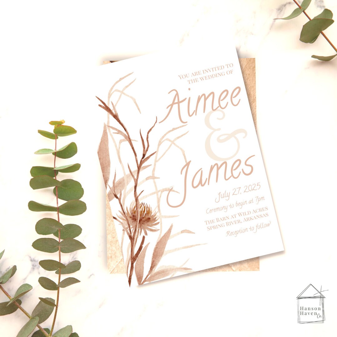 NEUTRAL BRUSH WEDDING Invitation, Editable Wedding Invitation Template, Branches Wedding ...