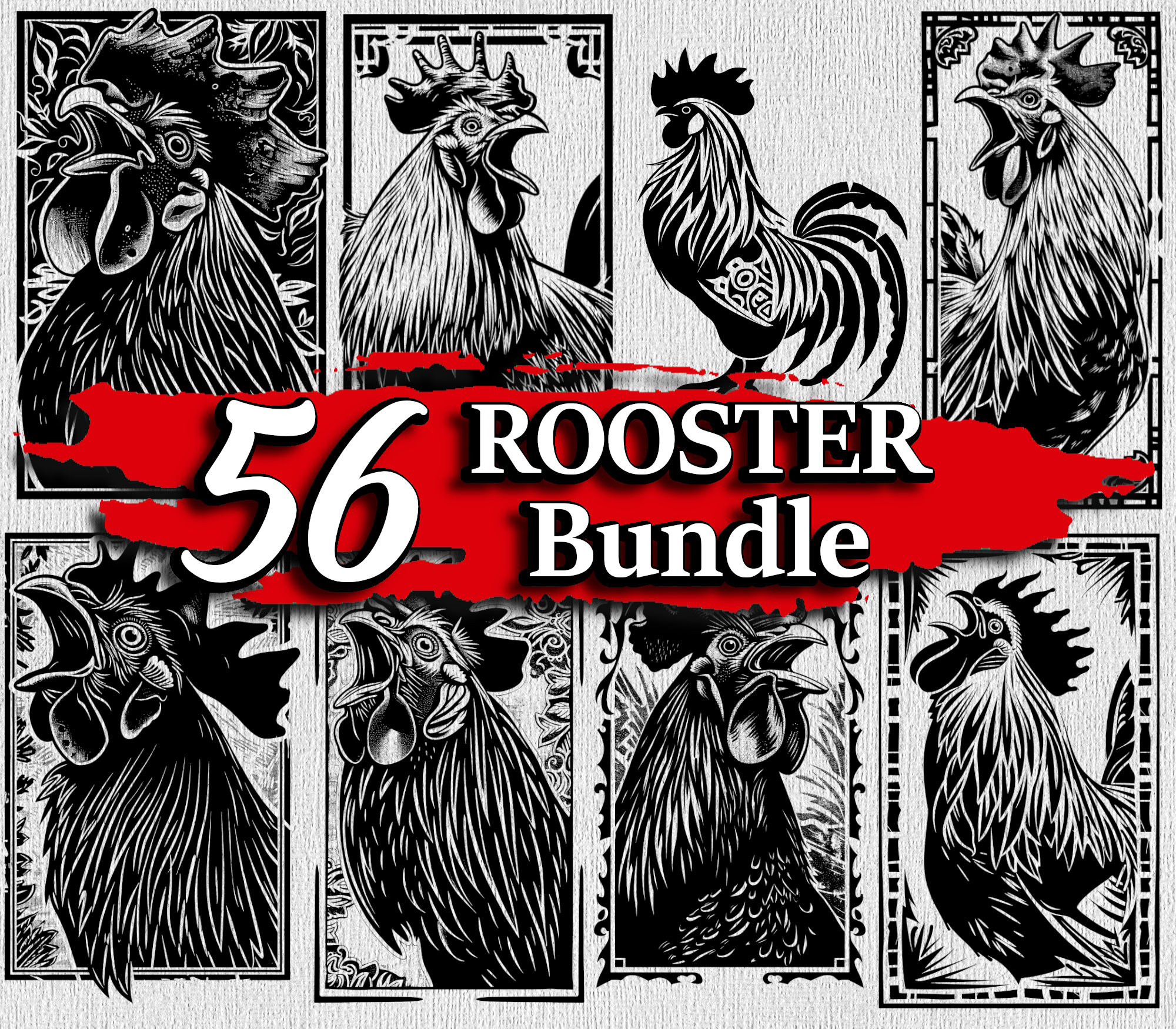 Rooster Svg Bundle Cock Laser Engraving Chicken Tattoo Fowl Rooster Wall Art DTG Farm Logo ...