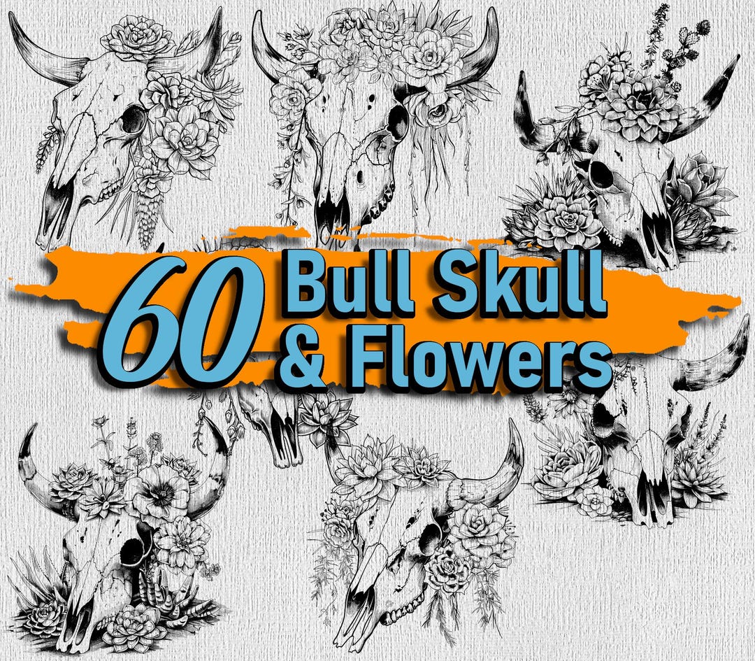 60 Bull Skull Floral PNG SVG Bundle, Western Laser Engraving Design ...