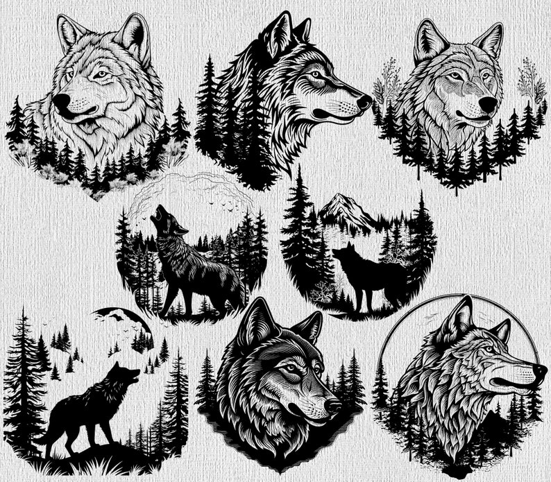 Wolf SVG Bundle Boho Wolf Wald PNG Grauer Wolf Tattoo Druckbare Clipart ...