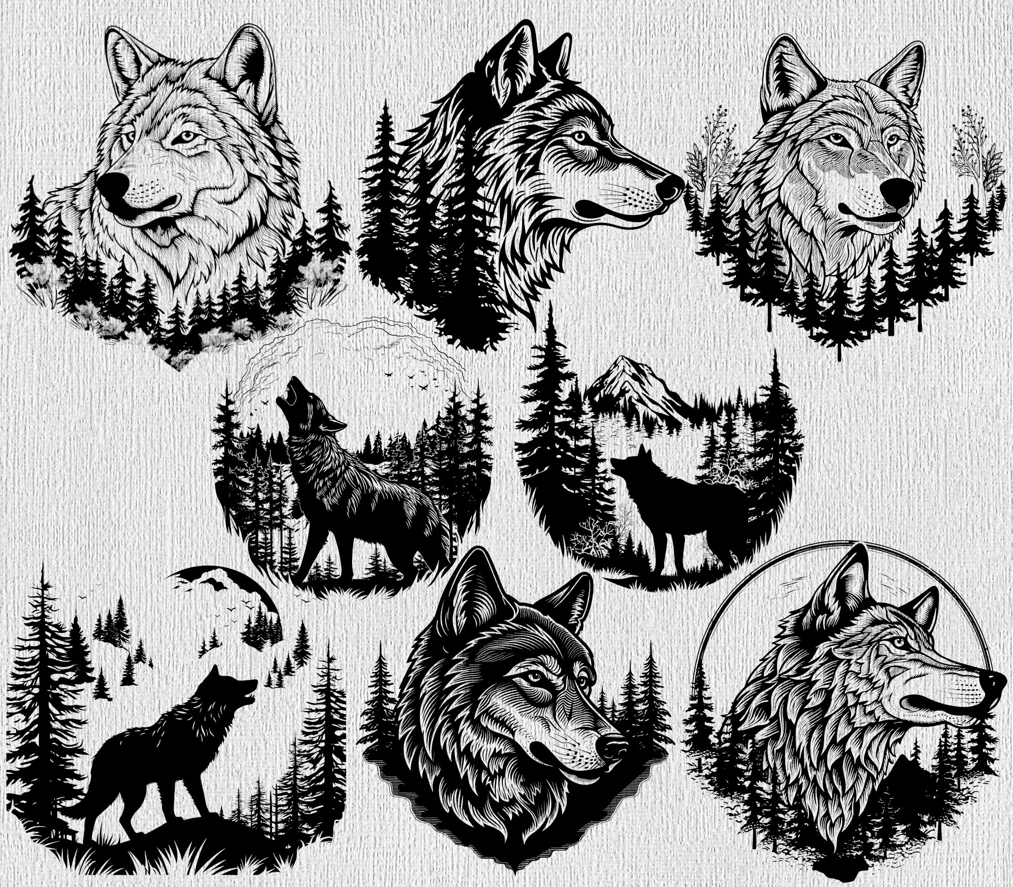 Wolf SVG Bundle Boho Wolf Forest PNG Grey Wolf Tattoo Printable Clipart ...