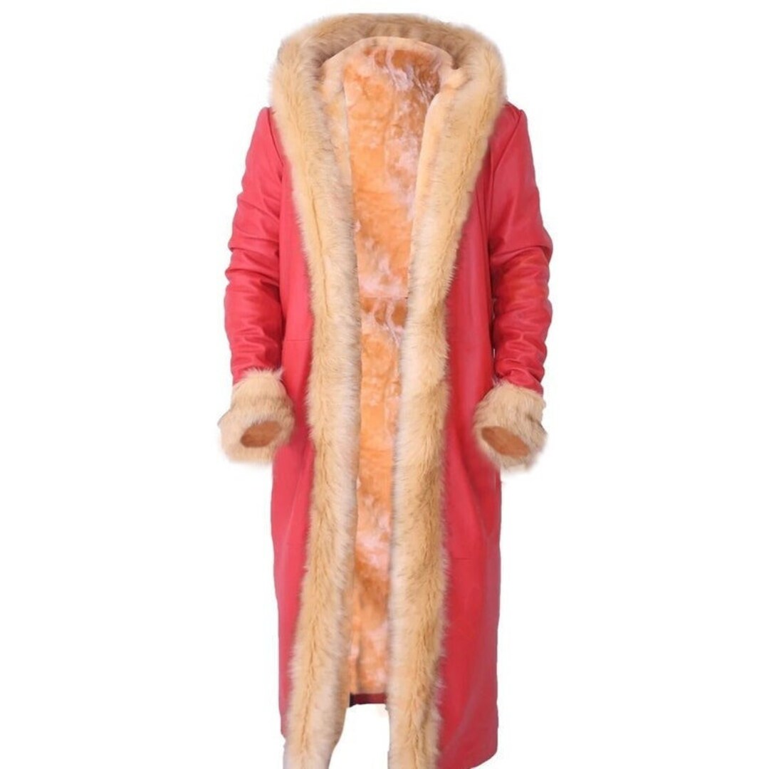 Men's Christmas Red Santa Hooded Fur Coat Leather Fur - Etsy