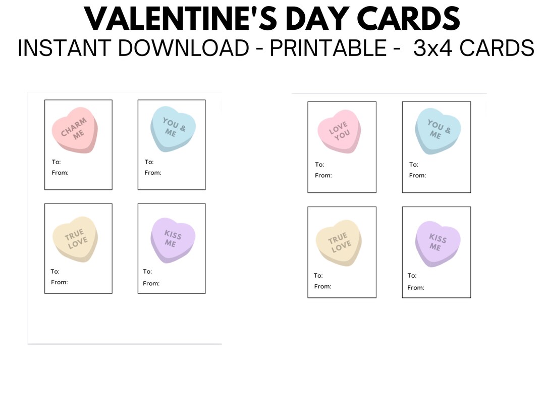 Valentine's Day Printable Cards 3x4 for School Works - Etsy