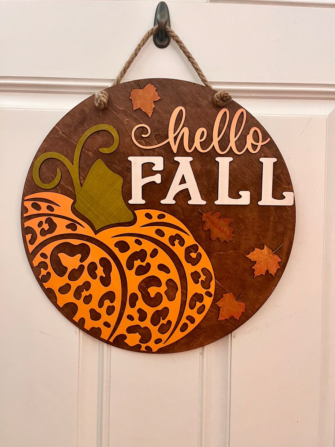 Hello Fall Door Hanger: Leopard Pumpkin, Hand-painted Wood Decor - Etsy