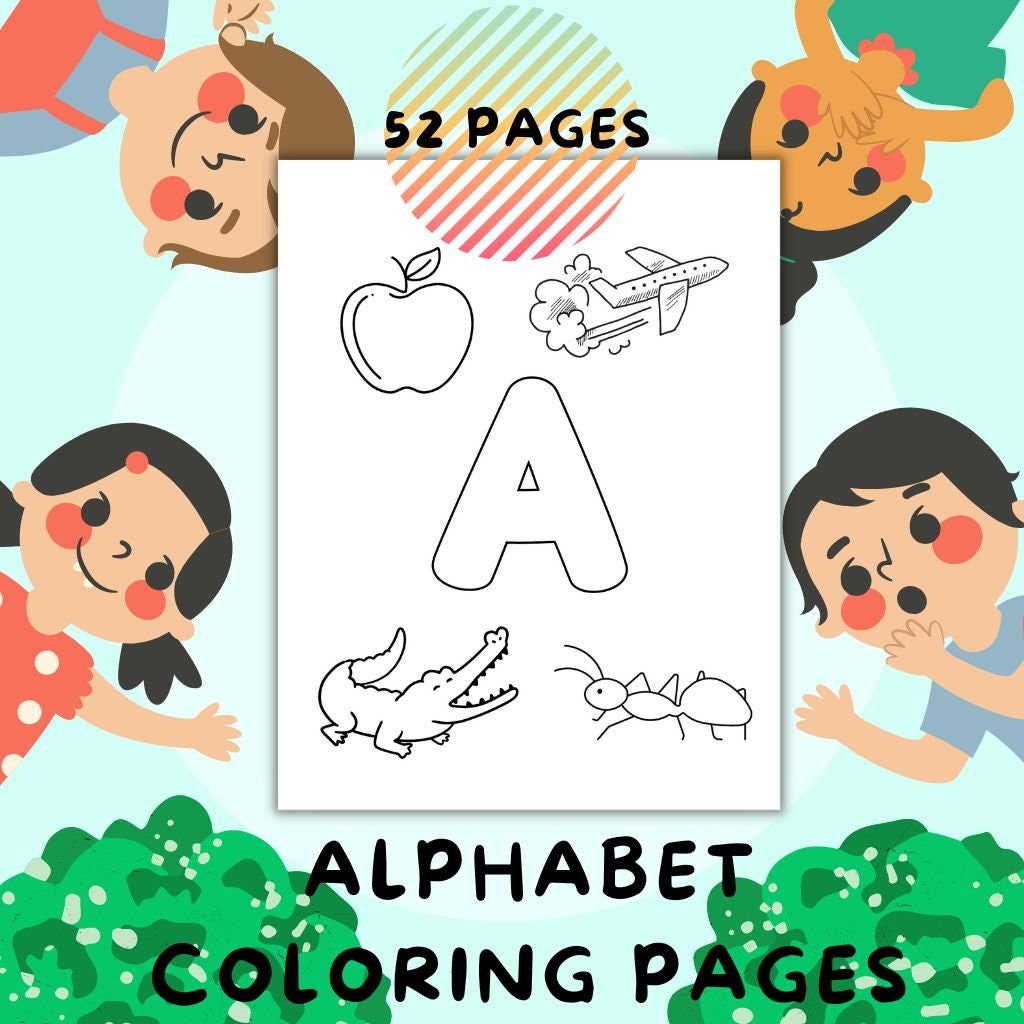 52 Printable Alphabet Coloring Pages With Word Cards for Kids PDF - Etsy