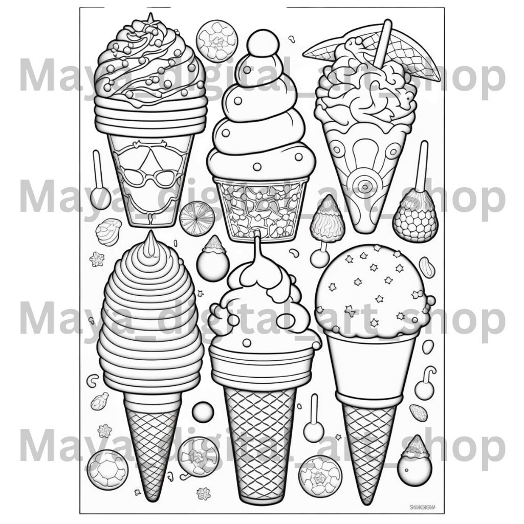 Ice Cream, Cake and Fruit Coloring Pages Instant Downlod Tasty Food US ...