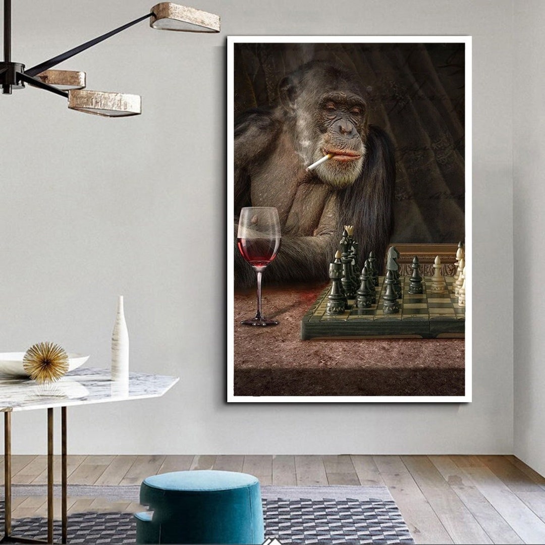 Monkey Playing Chess Canvas Wall Art, Monkey Drinking Wine Canvas Wall ...