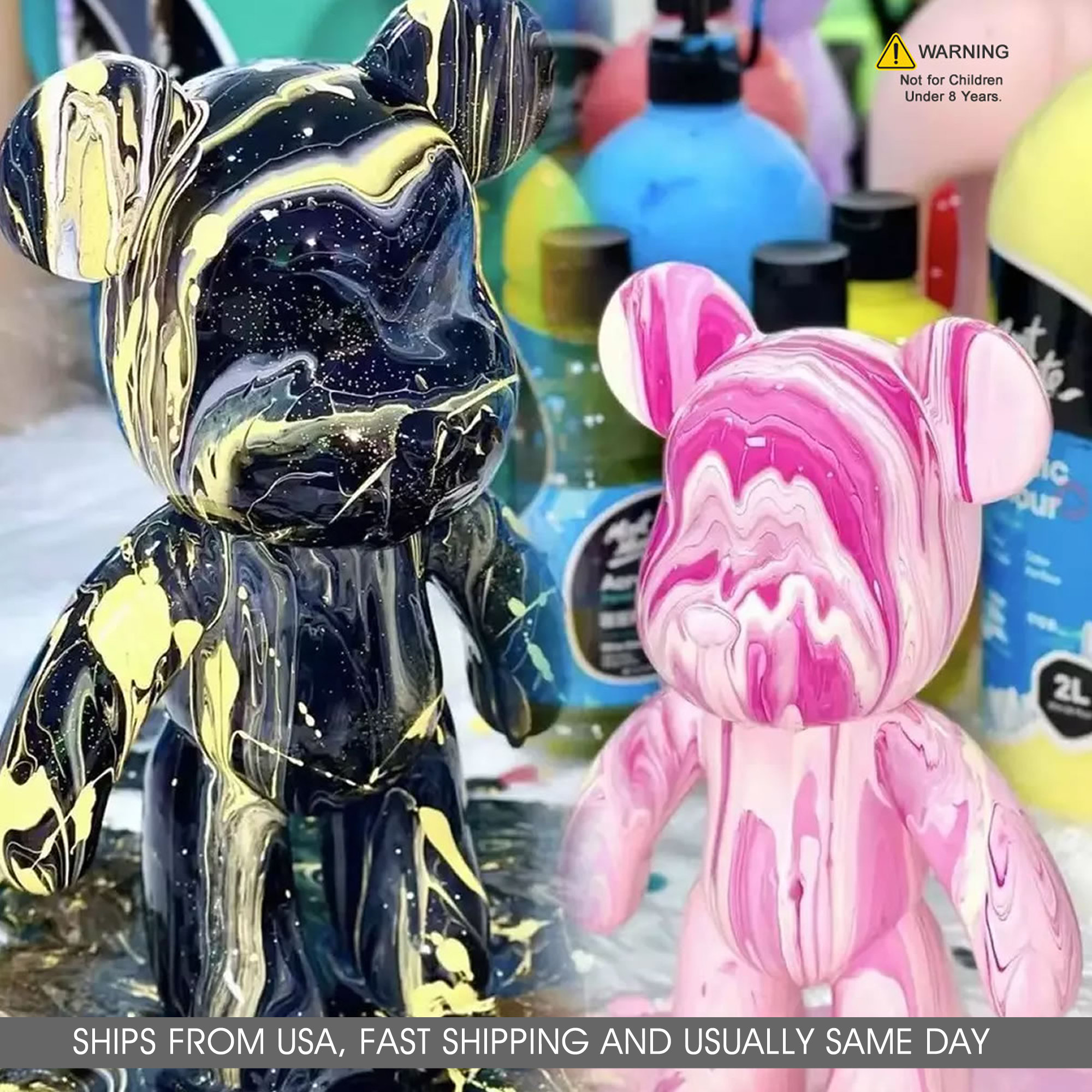 9 Pour Over Acrylic Fluid Paint Bear Kit Easy DIY Create Customize Art ...