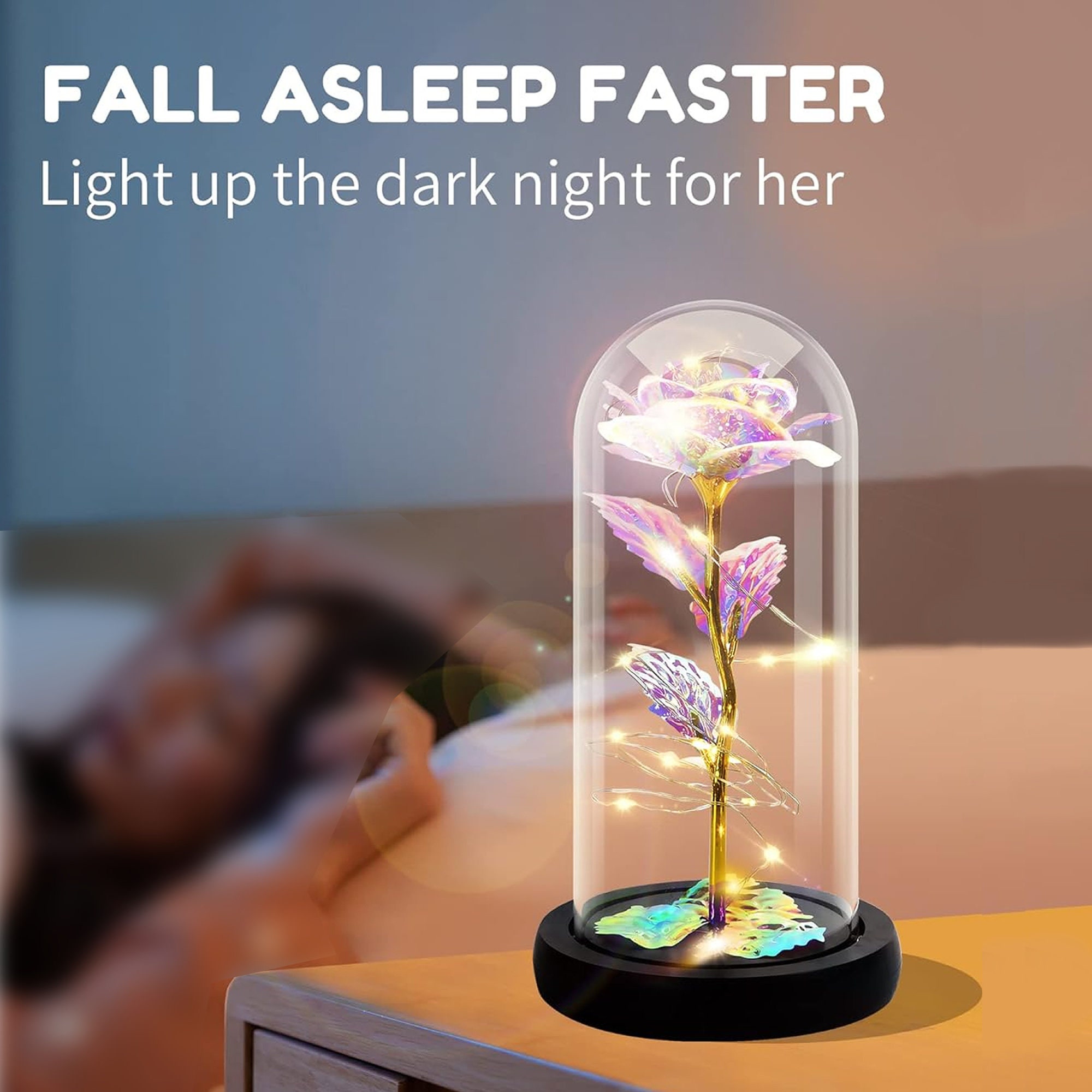 LED Light Eternal Glass Rose in Glass Dome Flower Forever Rose Gift for ...