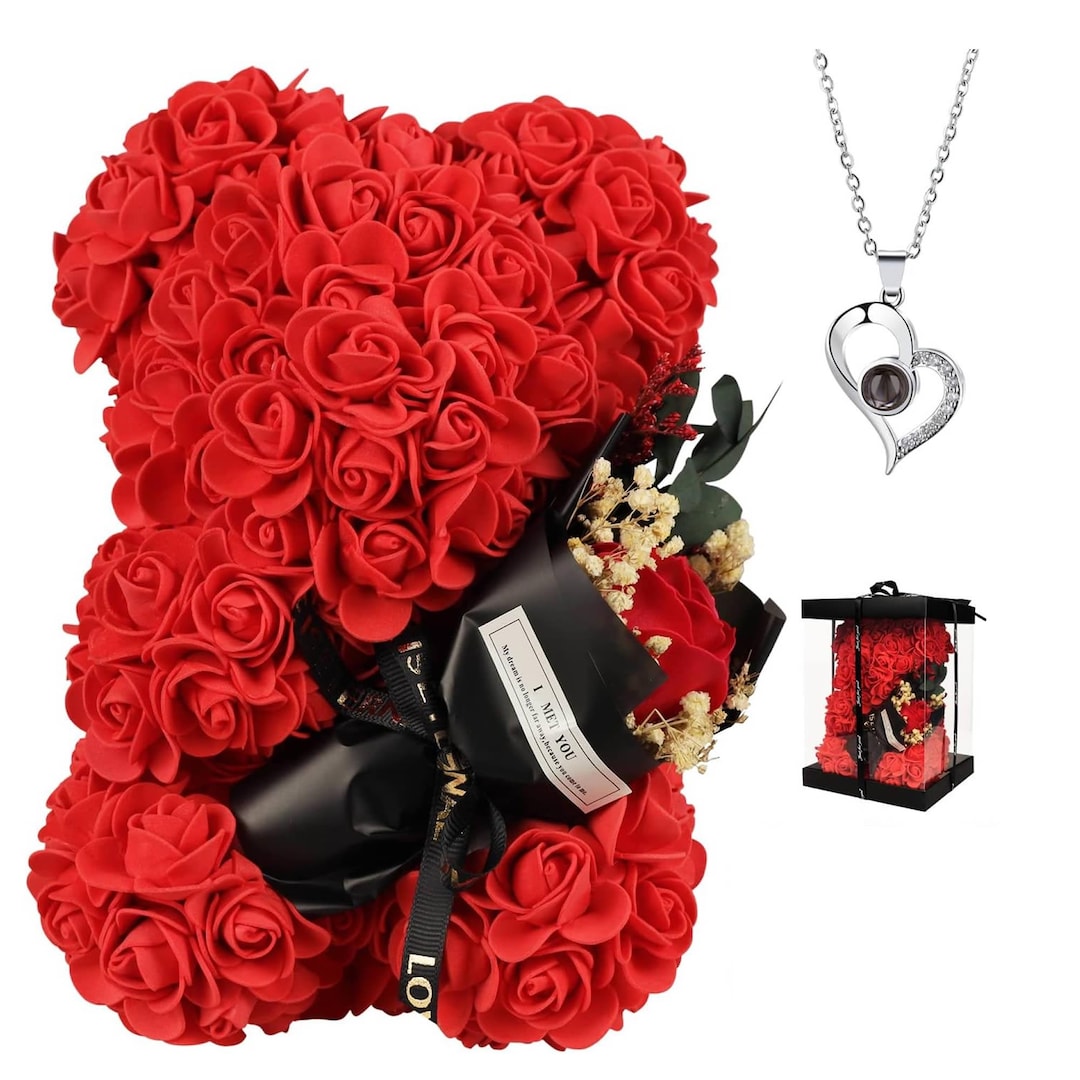 Forever Rose Bear Gift Set With Heart Necklace, Hand Made Red Rose Bear ...