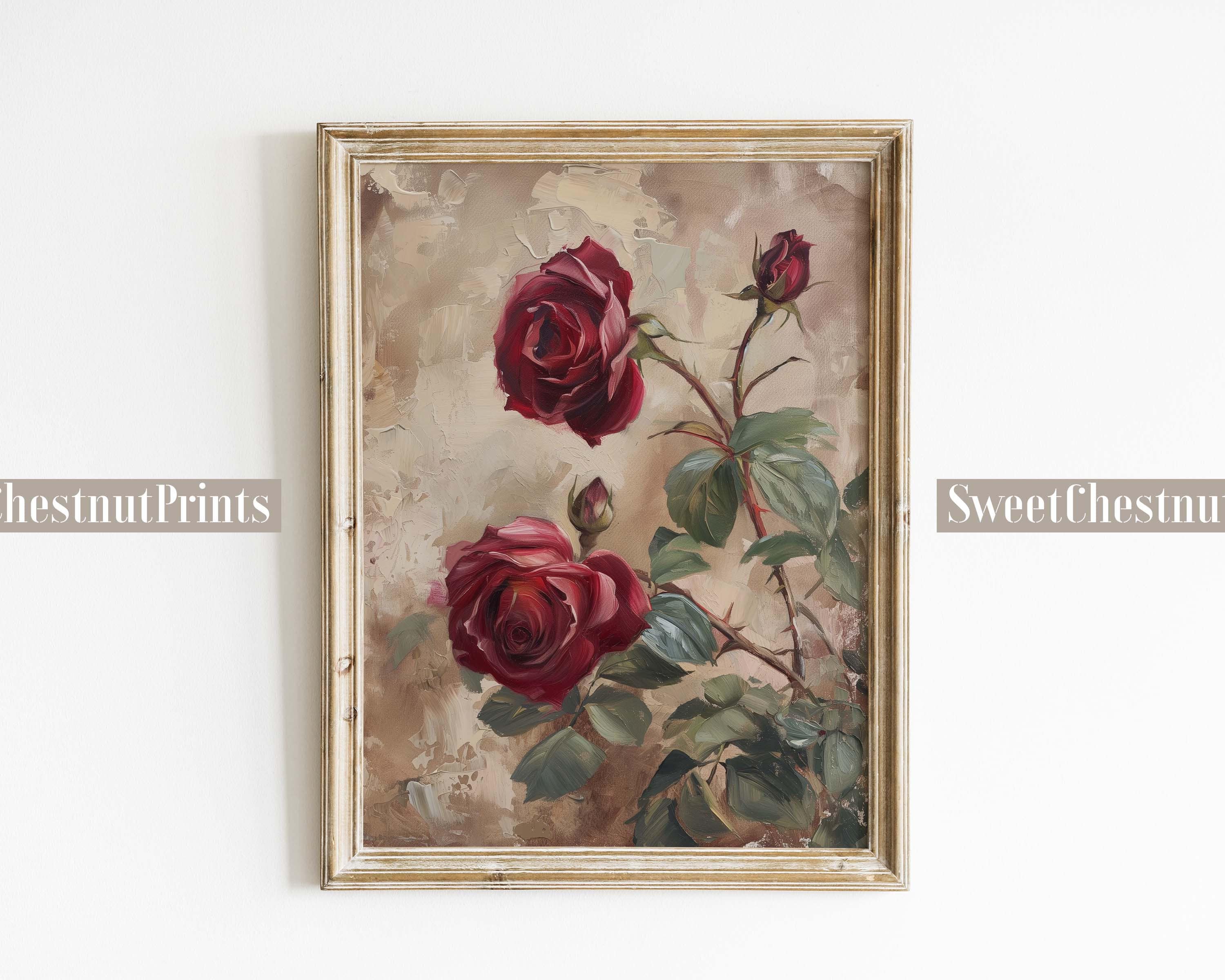 Vintage Red Rose Oil Painting, Printable Burgundy Rose Art, Antique ...