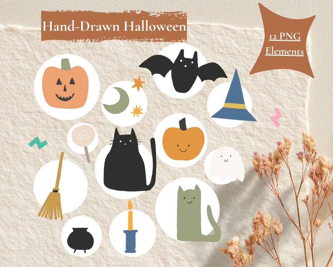 Hand-drawn Halloween Clipart PNG Bundle, 12 Cute Spooky Elements for ...