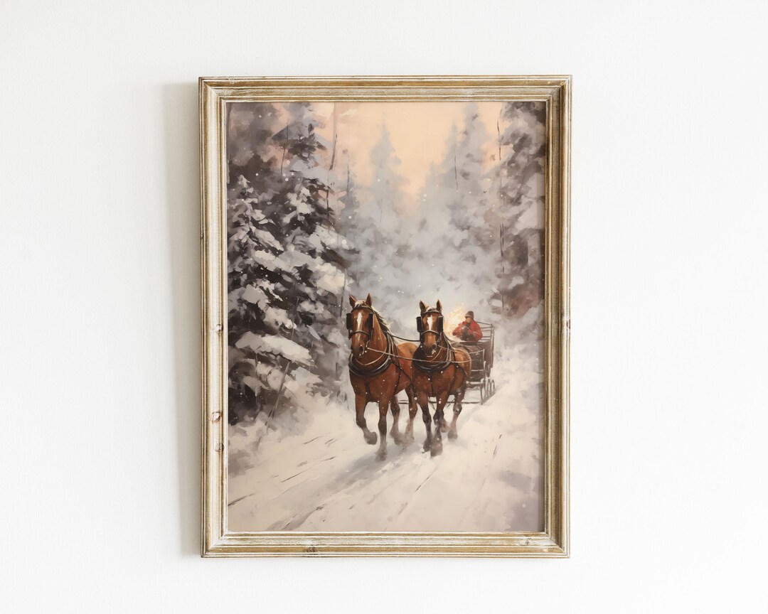 Winter Sleigh Ride Art, Snow-covered Forest, Printable Vintage ...