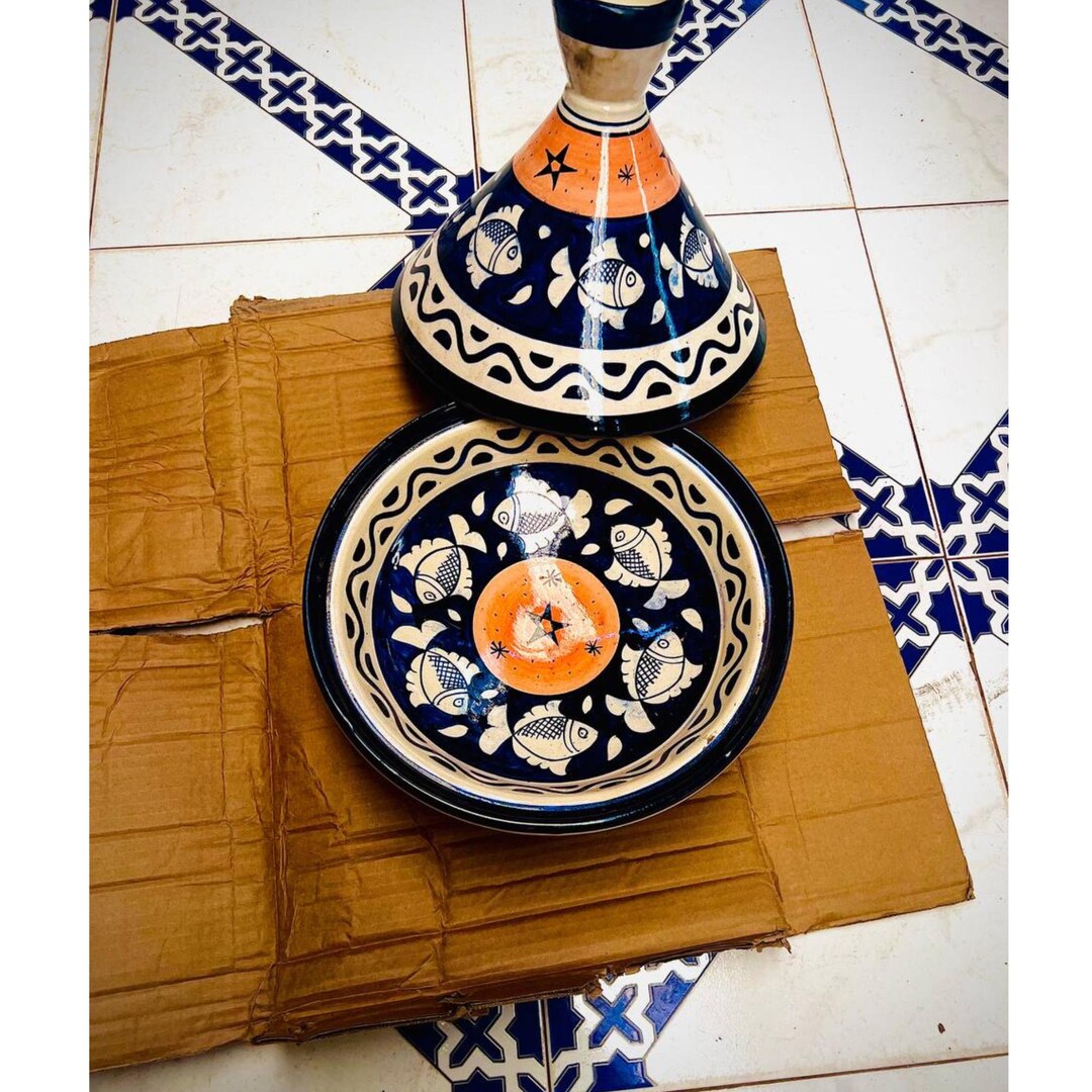 Handcrafted Moroccan Ceramic Tagine Blue and Orange Fish Design ...
