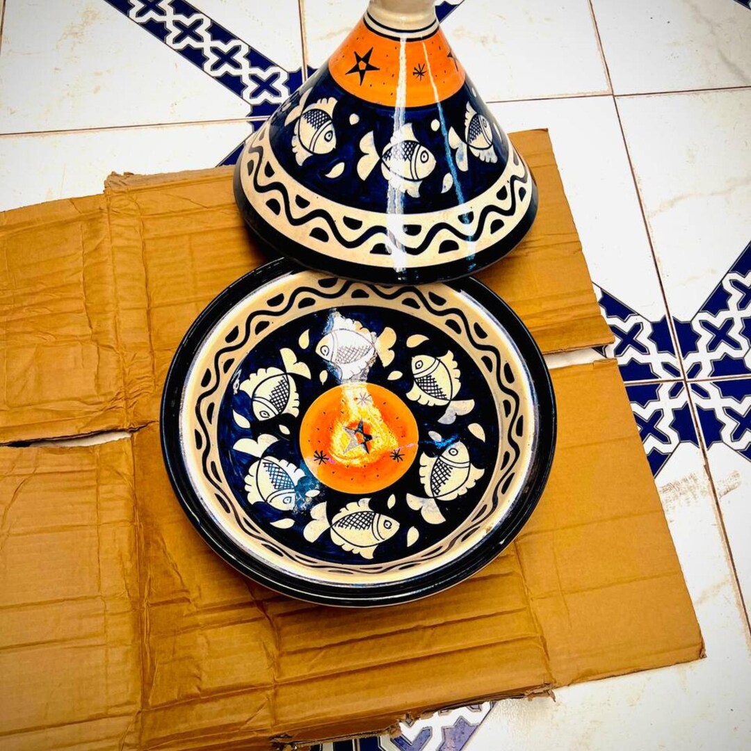 Moroccan Ceramic Tagine With Blue and Orange Fish Design / Serving Dish ...