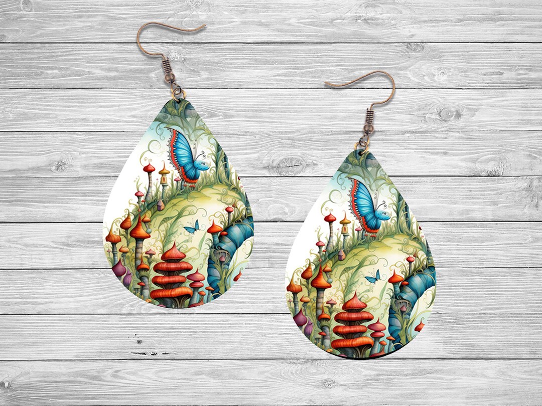 Fantasy Land Print Earrings Tear Drop Wood Dangle Earrings ...