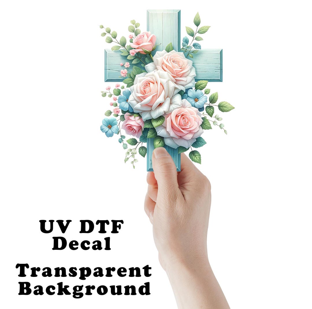 Blue Cross and Roses Clear Sticker / Decal UV DTF Sticker Transparent ...
