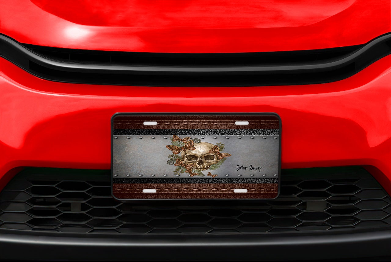 Skull & Leather Vanity Decorative Front License Plate Cute Car License ...