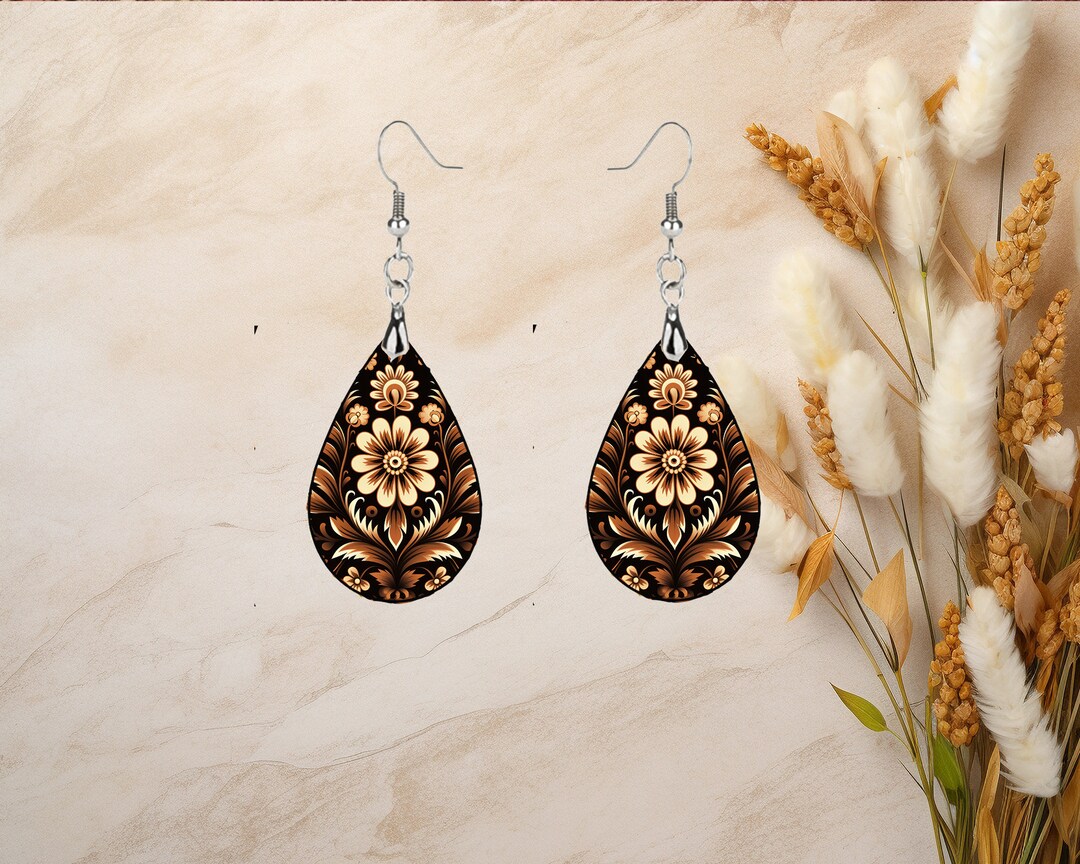 Maygar Floral Print Tear Drop Wood Dangle Earrings Hypoallergenic ...