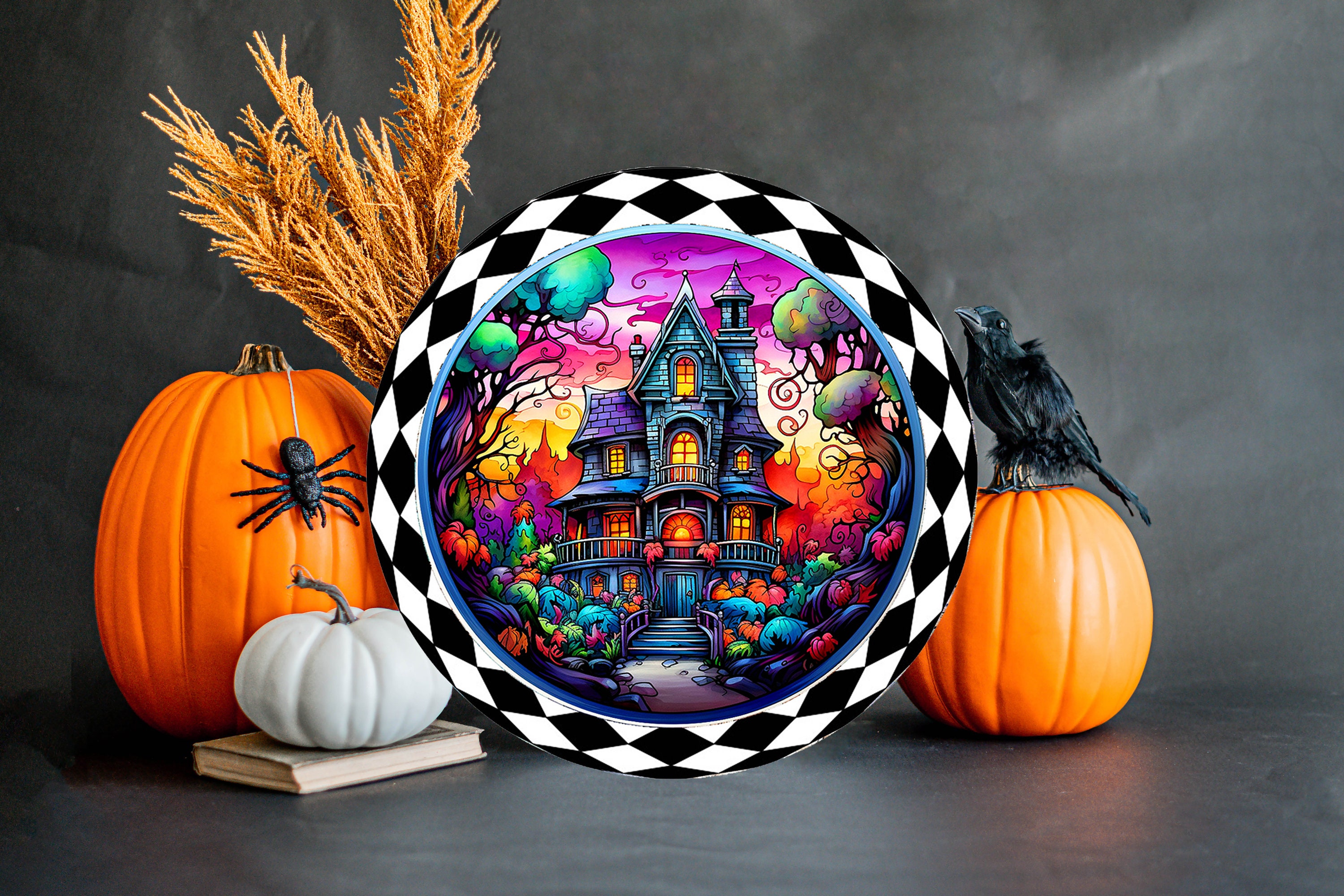 Neon Haunted House Halloween Round Hanging Wall Sign Wood Home - Etsy