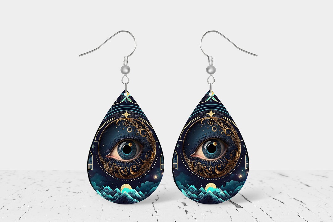 Celestial Evil Eye Earrings Print Tear Drop Wood Dangle Earrings ...