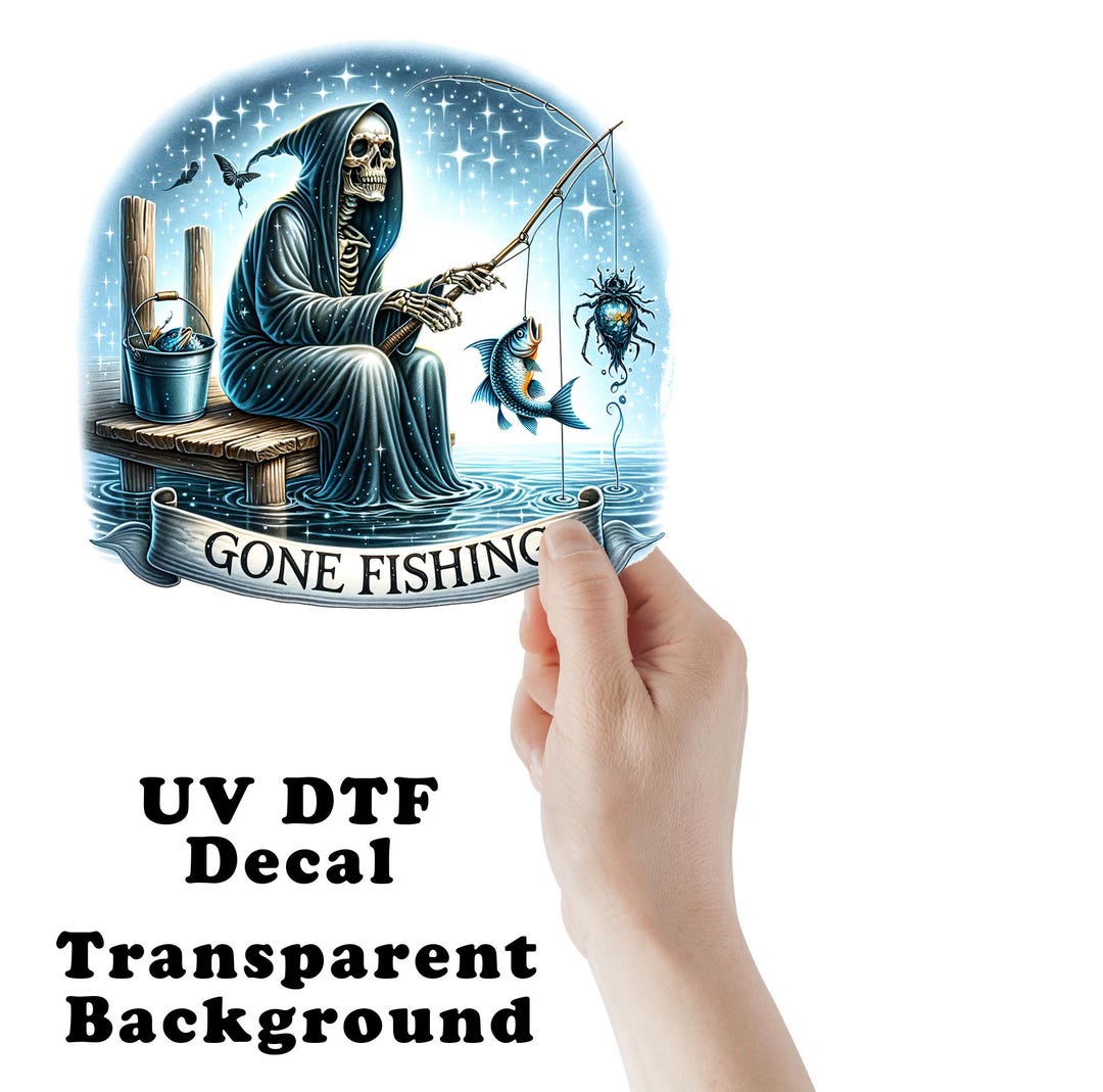 Grim Reaper Gone Fishing Clear Sticker / Decal UV DTF Sticker ...