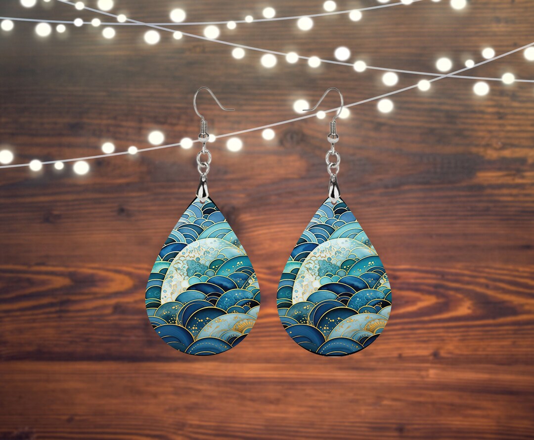 Blue Clouds Swirl Print Tear Drop Wood Dangle Earrings Hypoallergenic ...