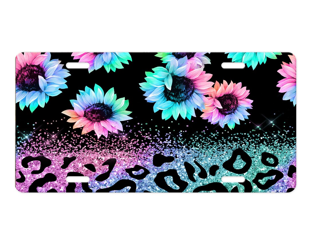 Daisy and Leopard Print Rainbow Aluminum Vanity License Plate Car ...