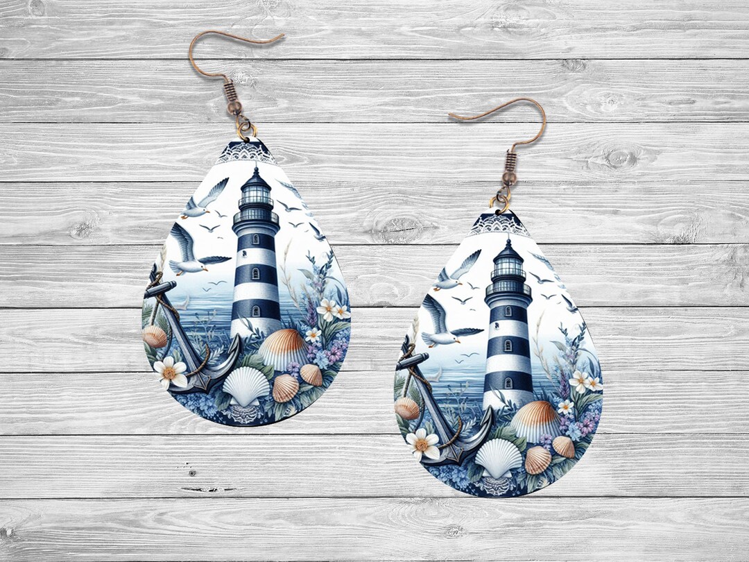 Blue Lighthouse Print Earrings Tear Drop Wood Dangle Earrings ...