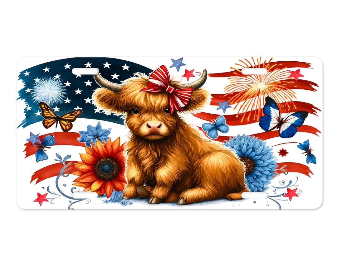 Patriotic Highland Cow Vanity Front License Plate Aluminum License