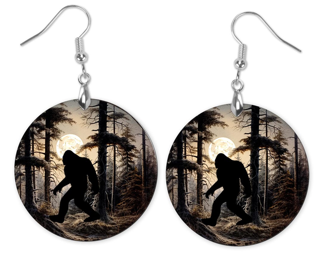 Bigfoot in Forest Round Wood Dangle Earrings Hypoallergenic Jewelry - Etsy