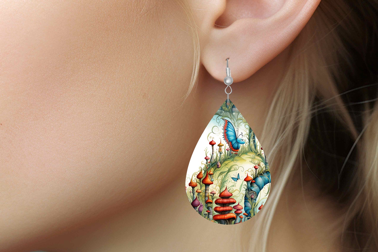 Fantasy Land Print Earrings Tear Drop Wood Dangle Earrings ...