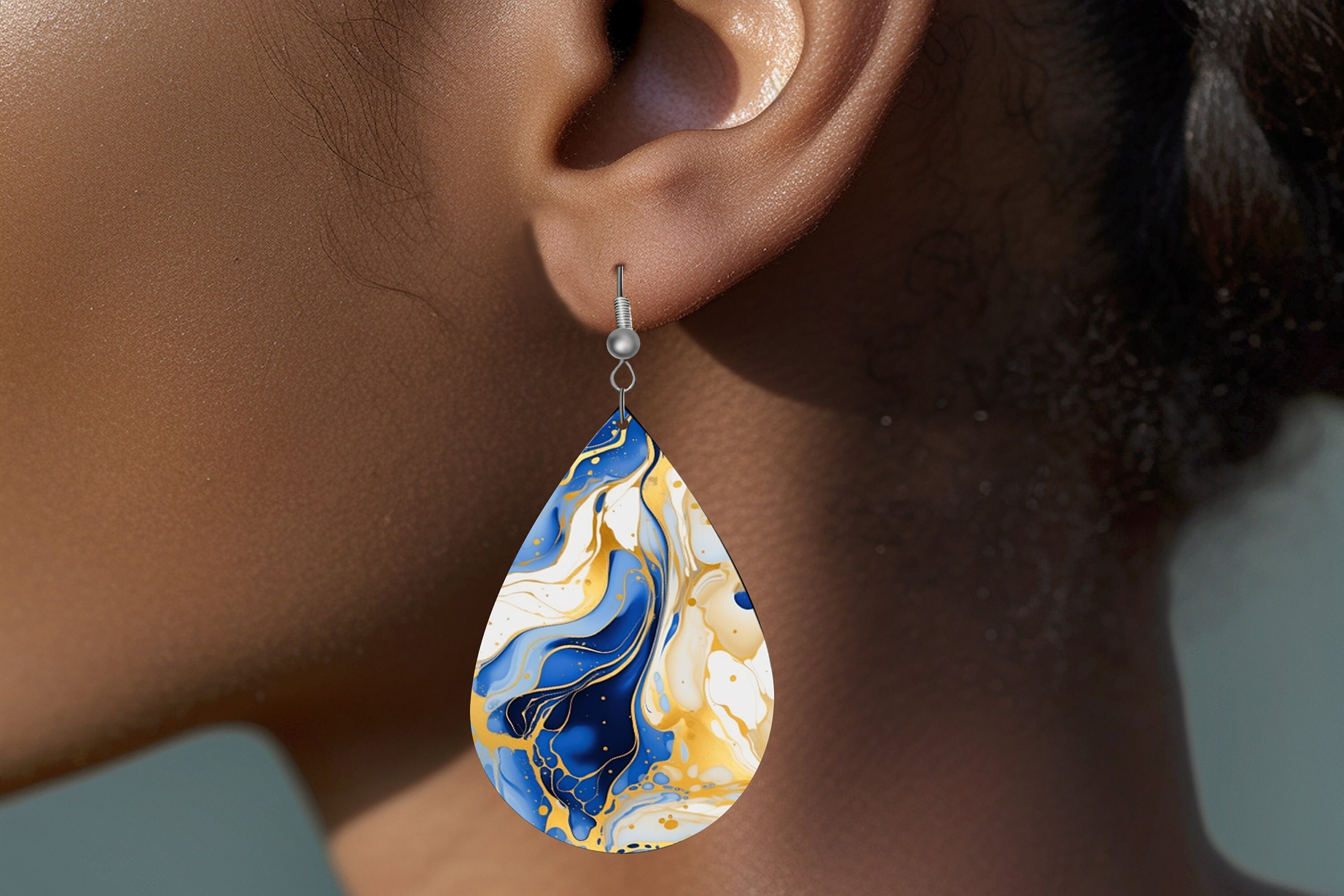 Blue White and Gold Marble Print Earrings Print Tear Drop Wood Dangle ...
