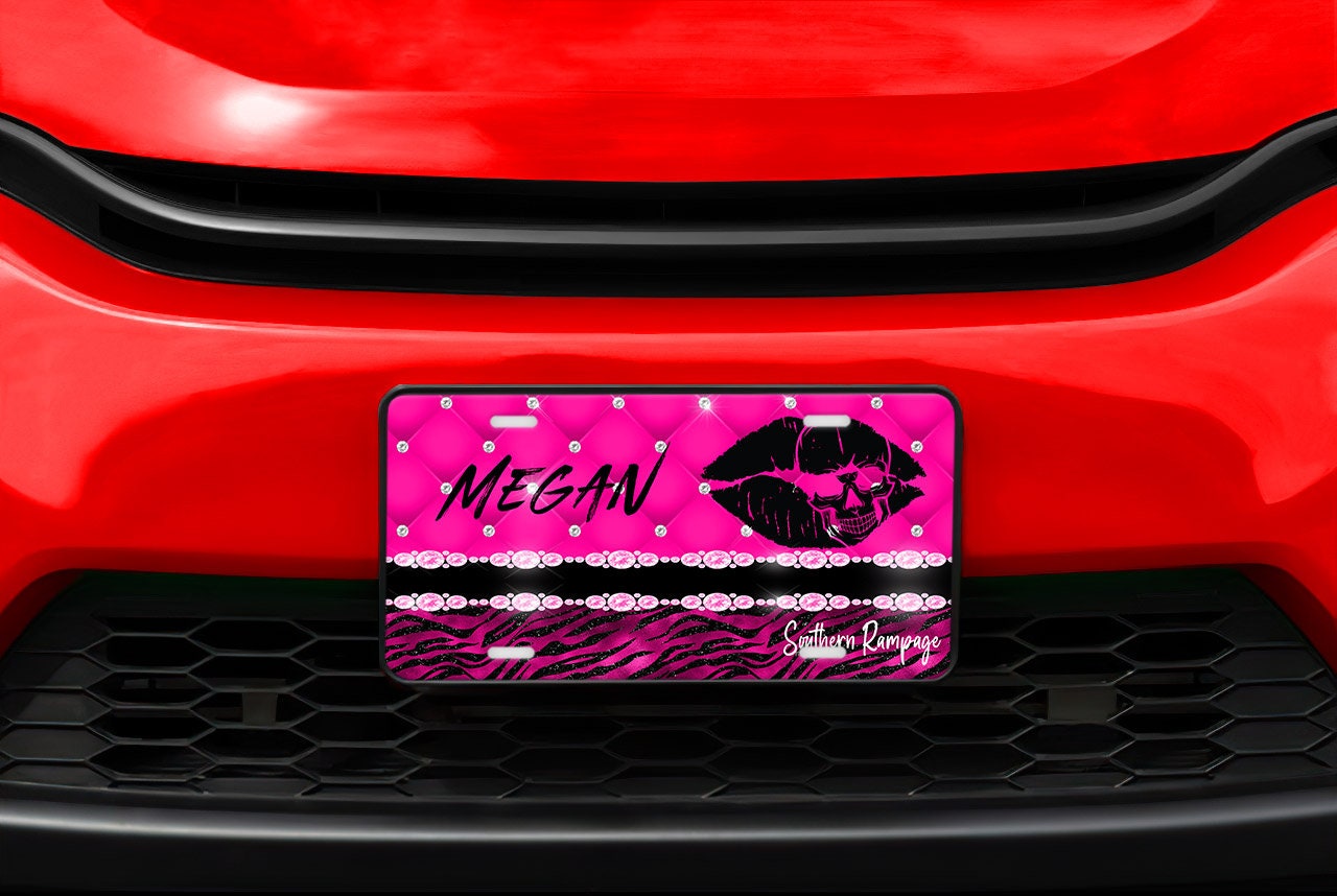 Personalized Hot Pink Skull Lips Aluminum Vanity License Plate Car ...