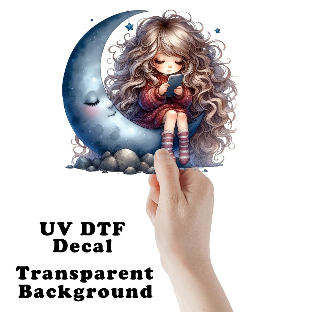 Cute Girl on Moon Clear Sticker / Decal UV DTF Sticker Transparent ...
