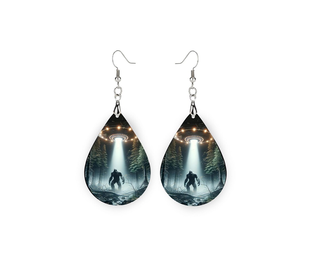 Bigfoot and Space Ship Tear Drop Wood Dangle Earrings Hypoallergenic ...