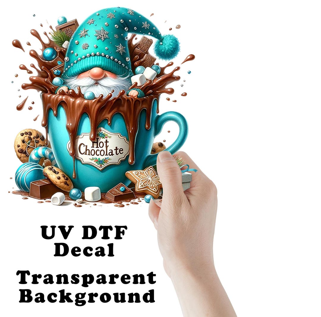 Teal Hot Cocoa Gnome Clear Sticker / Decal UV DTF Sticker Transparent ...