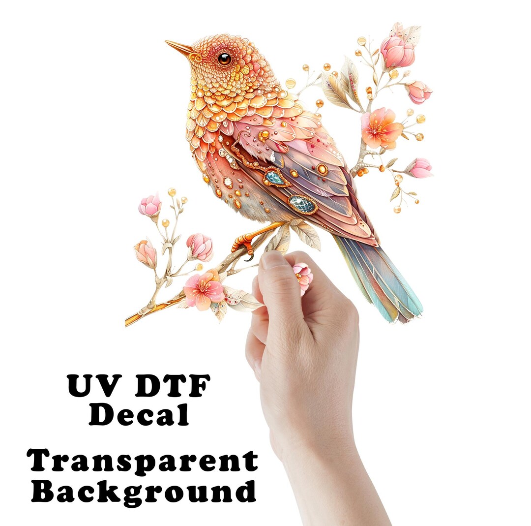 Jewel Bird and Flowers Clear Sticker / Decal UV DTF Sticker Transparent ...