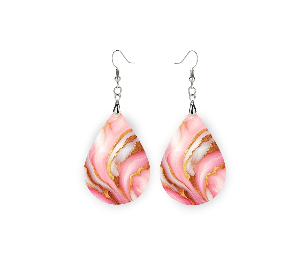 Pink and White Marble Print Tear Drop Wood Dangle Earrings ...