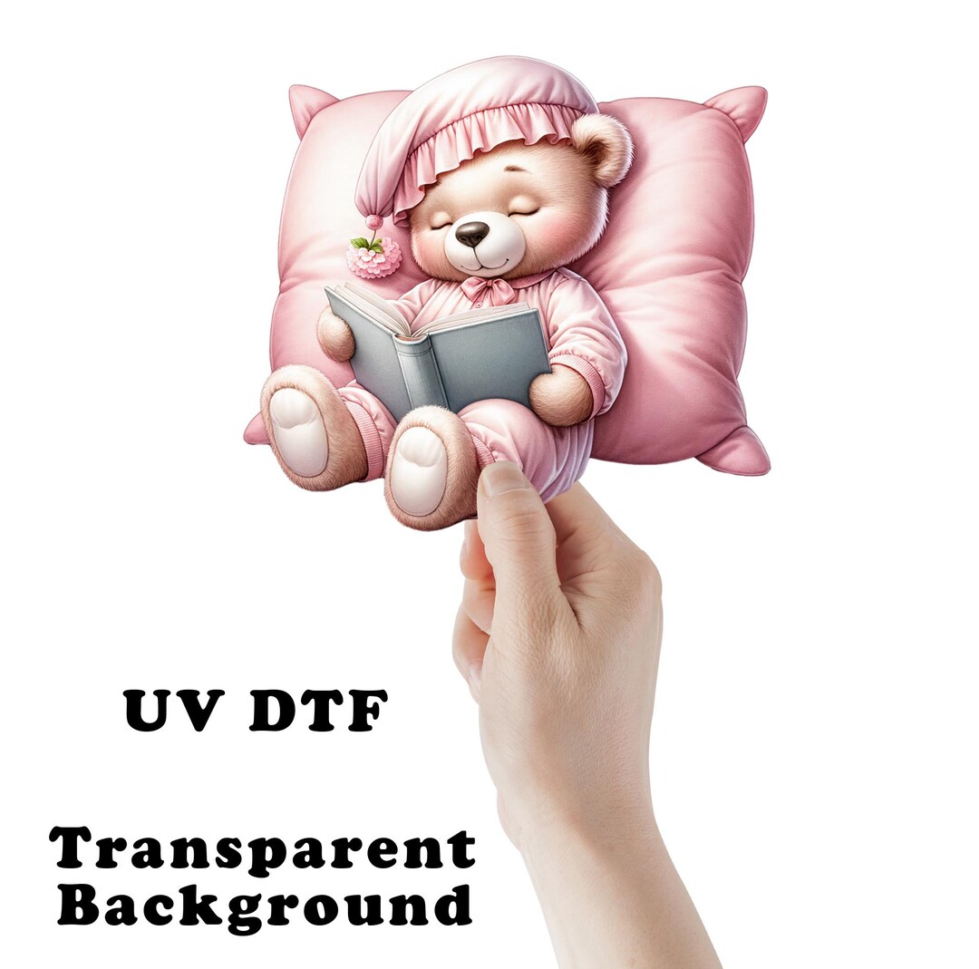 Pink Bedtime Story Bear Clear Sticker / Decal UV DTF Sticker ...