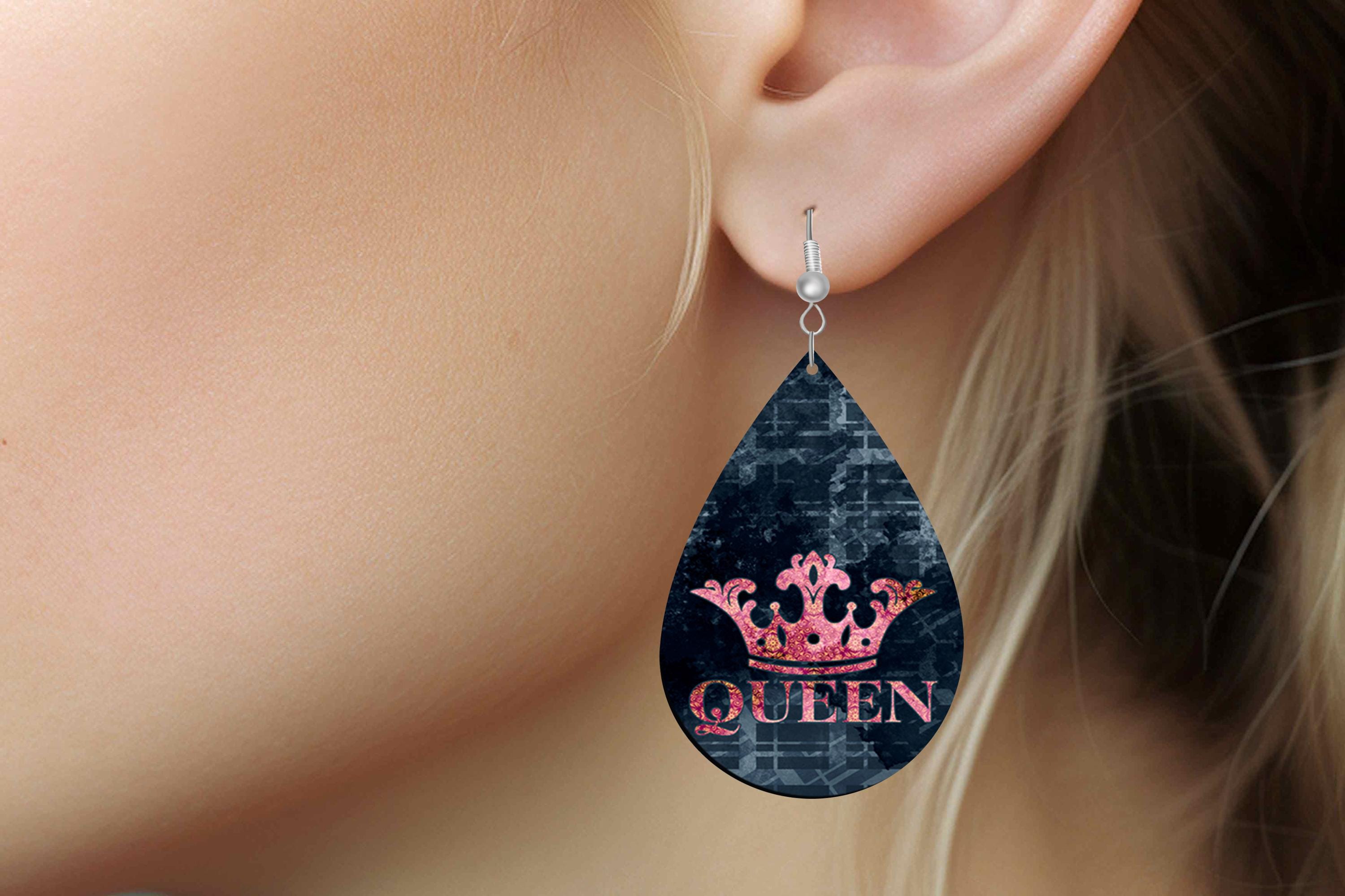 Queen Crown Print Earrings Tear Drop Wood Dangle Earrings ...