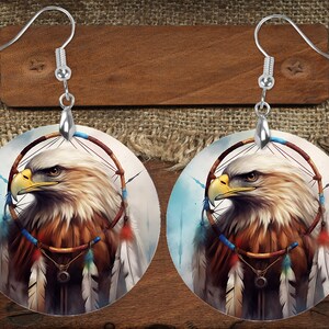 Native American Eagle Round Wood Dangle Earrings Hypoallergenic Jewelry ...