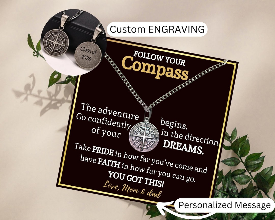 Graduation Gift For Him Engraved Compass Necklace With Personalized
