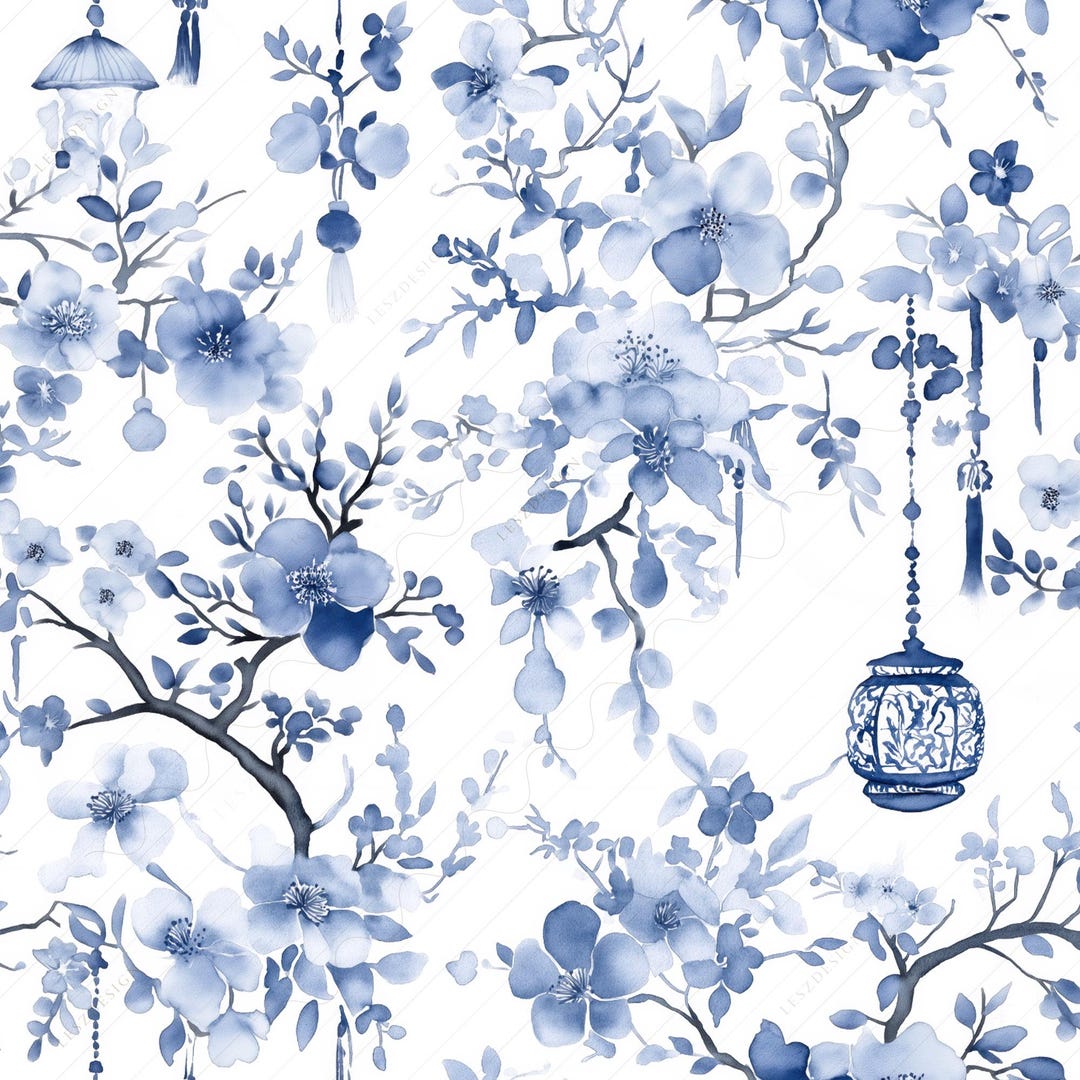 Blue Floral Chinoiserie Seamless Pattern: Watercolor Flowers (digital ...