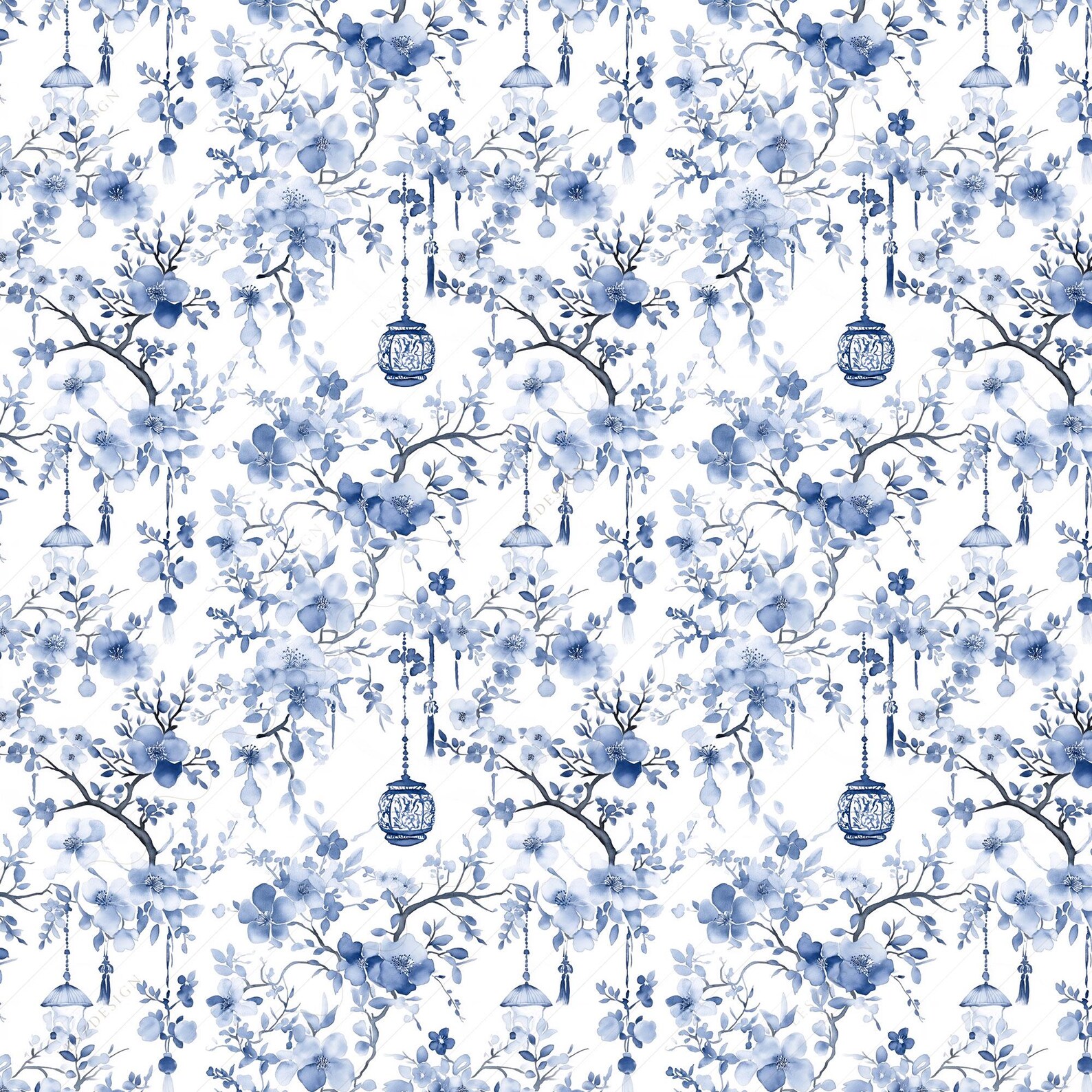Blue Floral Chinoiserie Seamless Pattern: Watercolor Flowers (digital ...