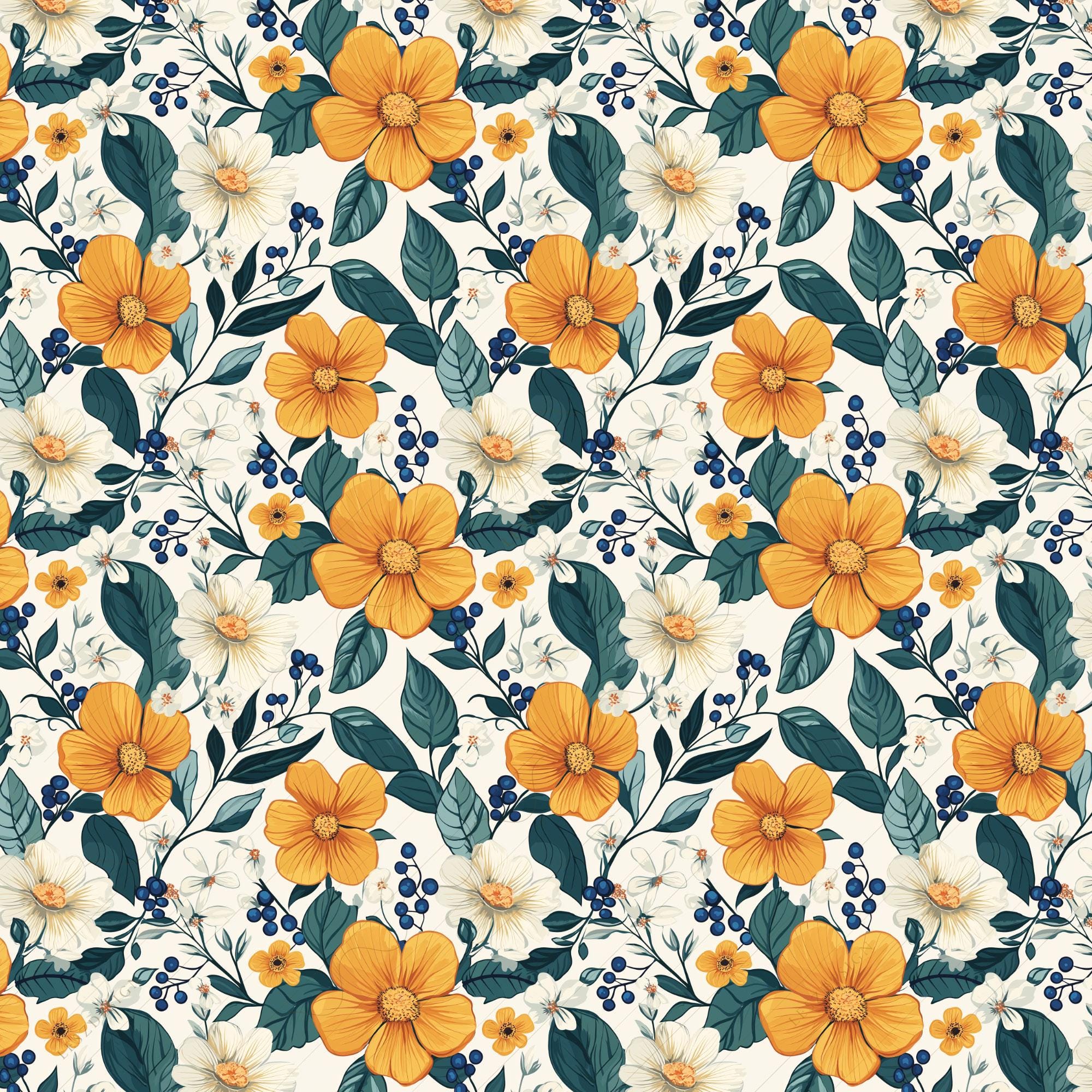 Seamless Floral Pattern Golden-yellow Flowers and Blueberries Digital ...