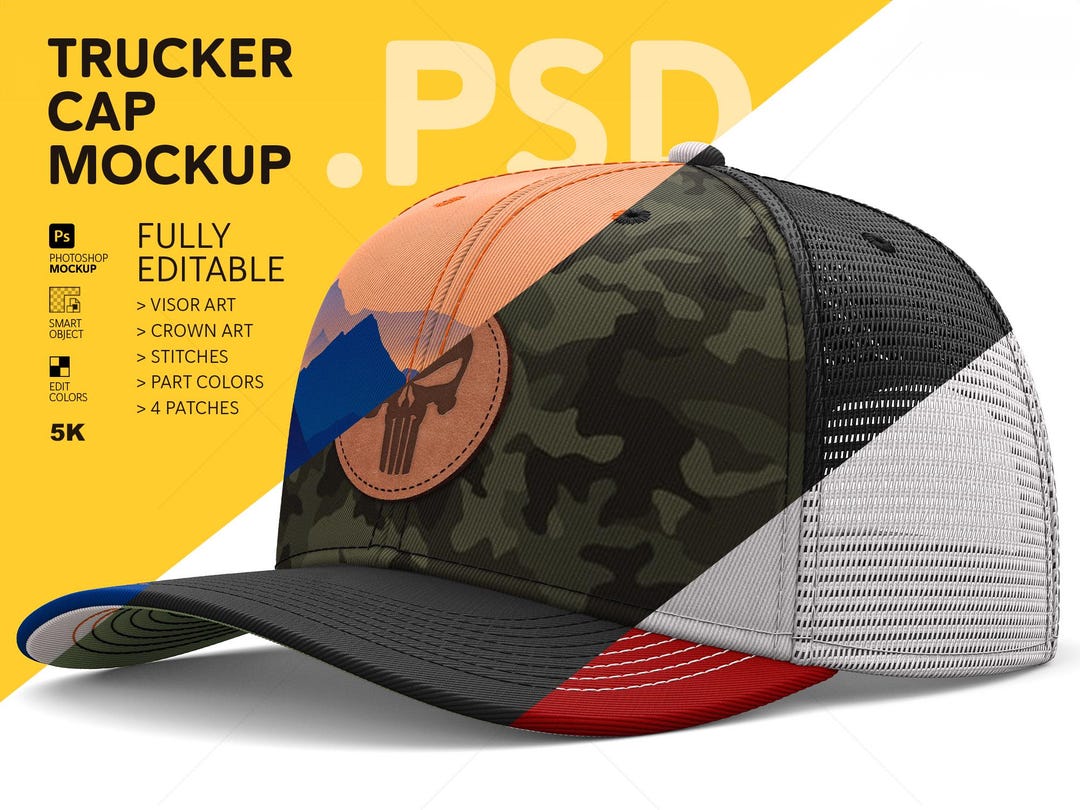 Fully Editable Trucker Cap Mockup, Customizable Photoshop Template for ...